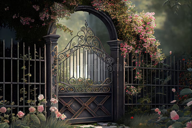 Rustic Iron Gate Surrounded by Lush Greenery and Blooming Flowers Stock ...