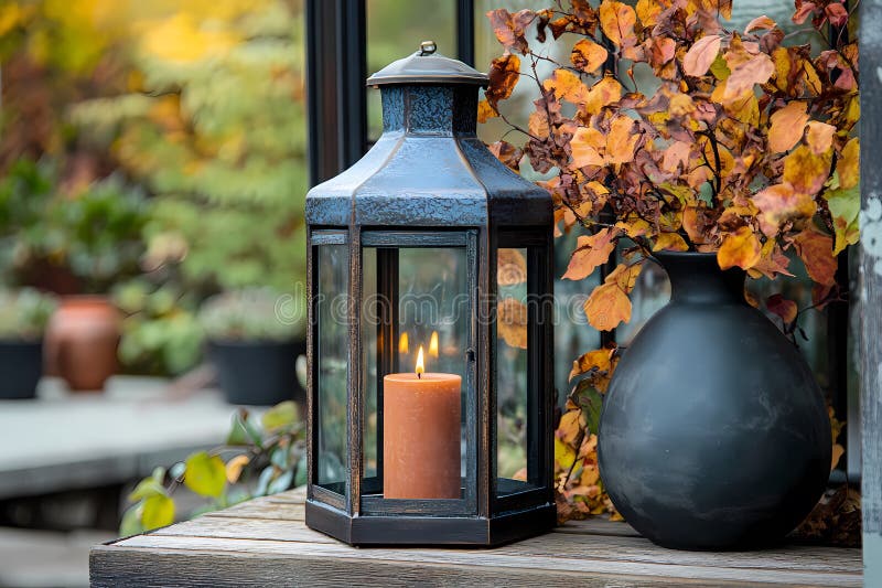 A Rustic Iron Lantern with an Open Top, Glowing Inside with an Orange ...
