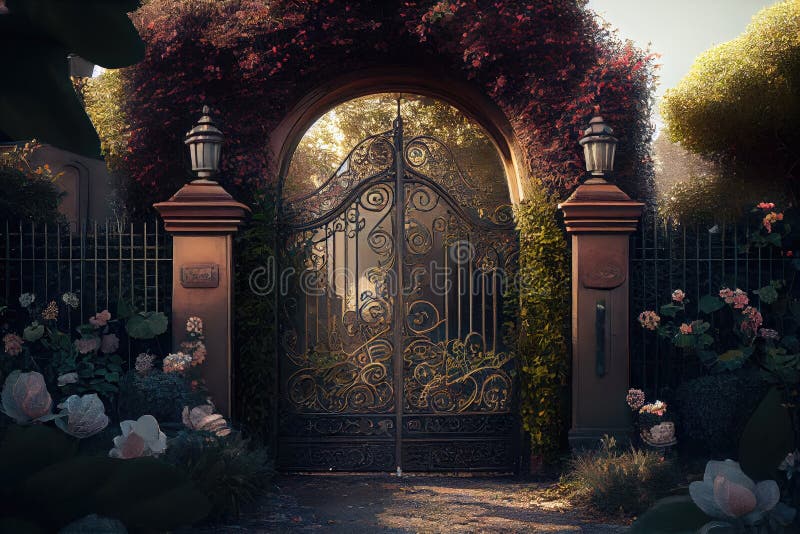 Rustic Iron Mansion Gates Surrounded by Greenery and Flowers Stock ...