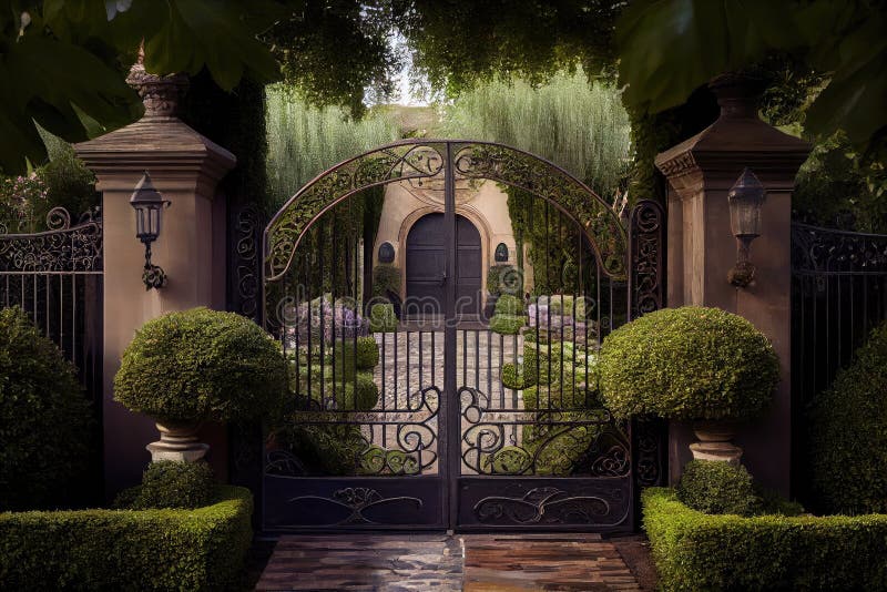 Rustic Iron Mansion Gates Surrounded by Greenery and Flowers Stock ...