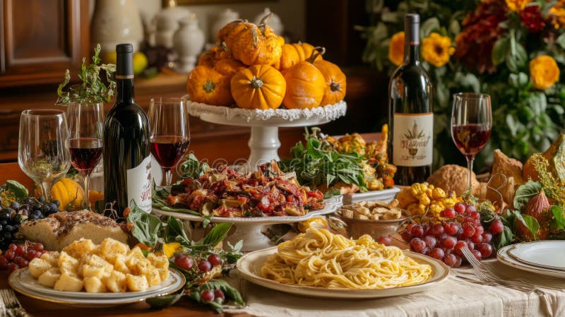 A Rustic Italian Autumnal Table Setting with Wine and Food Stock ...