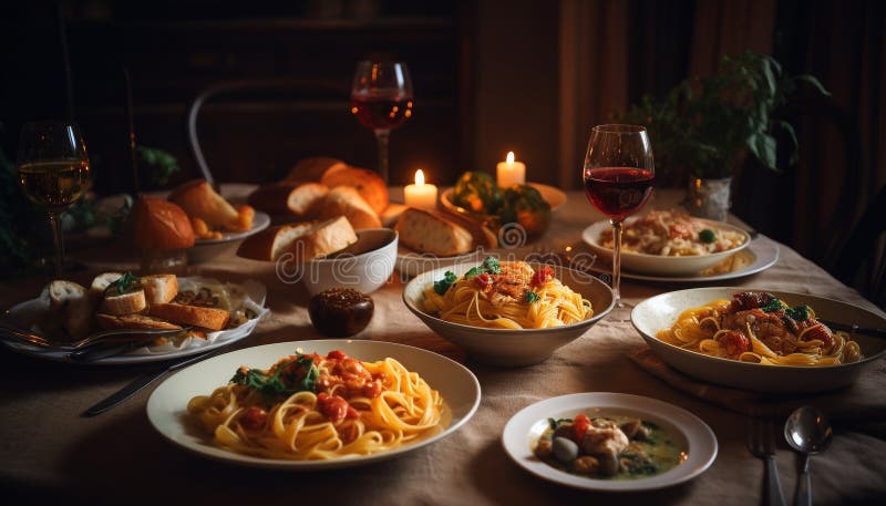 Rustic Italian Celebration Pasta, Meat, Wine, and Fresh Vegetables ...