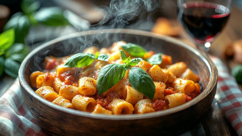 Rustic Italian Dining Scene with Steaming Pasta and Red Wine Stock ...