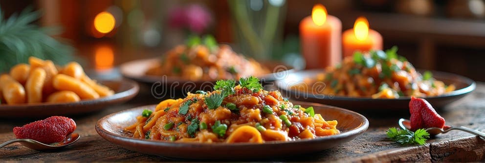 Rustic Italian Feast with Pasta and Vegetables in Cozy Candlelit ...