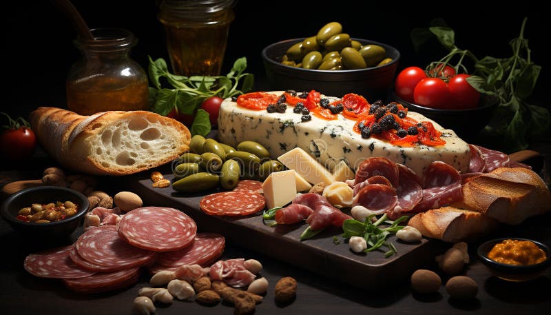 A Rustic Italian Lunch Bread, Meat, Tomato, Olive, Freshness Generated ...