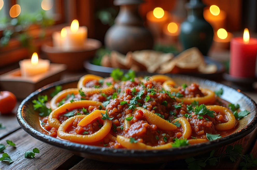 Rustic Italian Pasta with Tomato Sauce and Herbs by Candlelight Stock ...