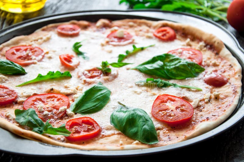 Rustic Italian Pizza with Mozzarella, Cheese and Basil Stock Image ...