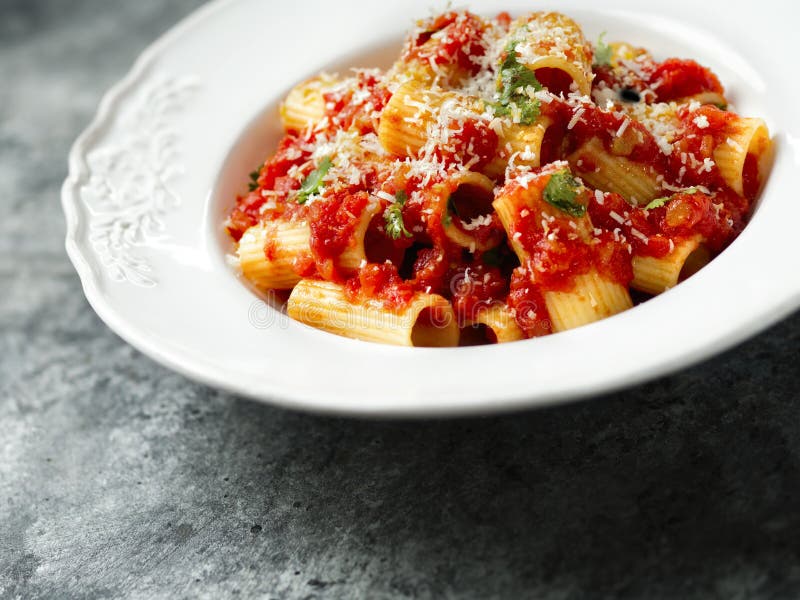Rustic Italian Rigatoni Pasta in Tomato Sauce Stock Photo - Image of ...