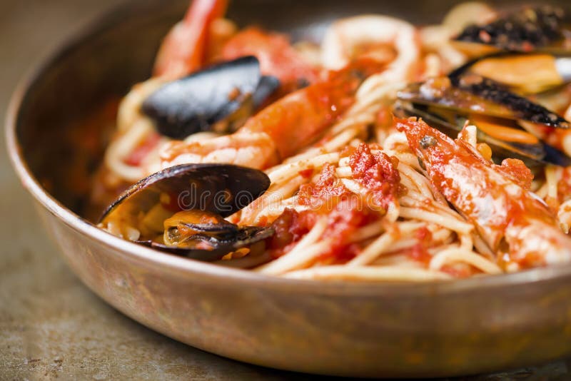 Rustic Italian Seafood Spaghetti Pasta Stock Photo - Image of seafood ...