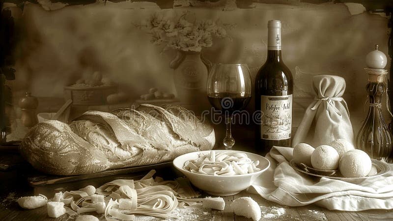 A Rustic Italian Table Setting with Fresh Pasta, Wine, and Baked Bread ...