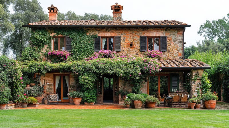 Rustic Italian Villa with Lush Greenery and Charming Details Stock ...