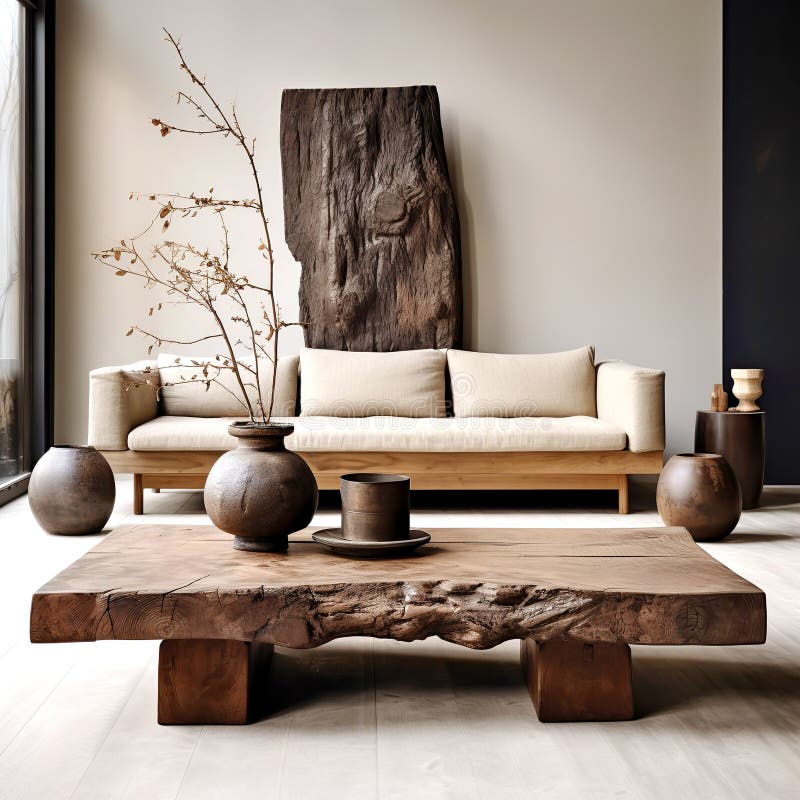 Rustic Japandi Interior Design of Modern Living Room, Home. AI Stock ...