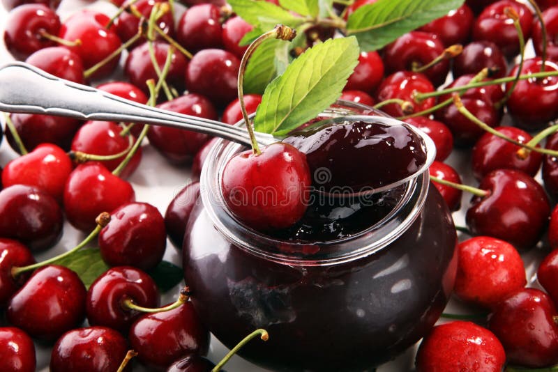 Rustic Jar with Cherry Jam and Fresh Cherries, Homemade Preserve Stock ...