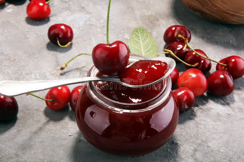 Rustic Jar with Cherry Jam and Fresh Cherries, Homemade Preserve Stock ...
