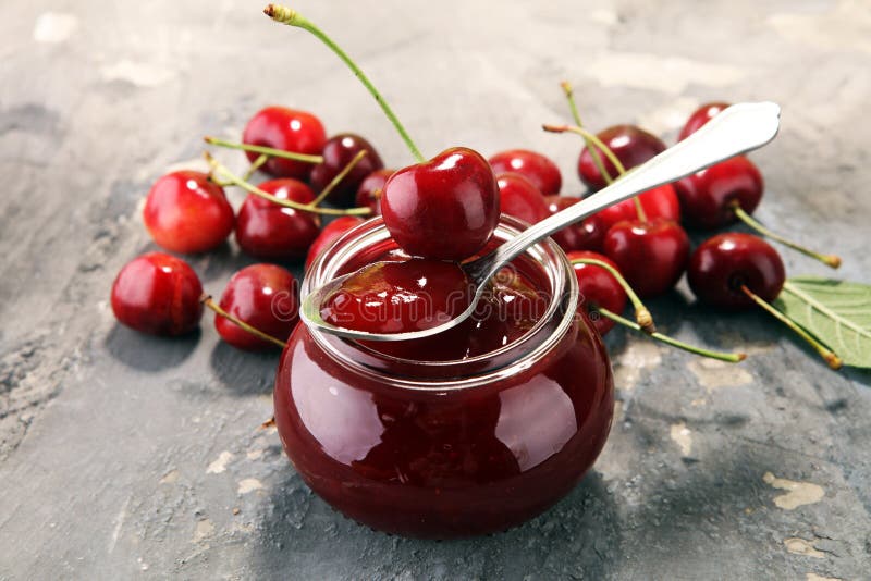 Rustic Jar with Cherry Jam and Fresh Cherries, Homemade Preserve Stock ...