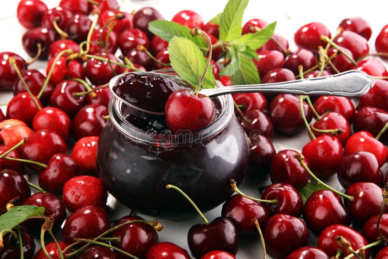 Rustic Jar with Cherry Jam and Fresh Cherries, Homemade Preserve Stock ...