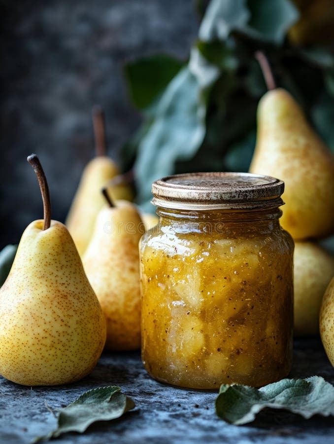 Rustic Jar of Pear Jam Surrounded by Fresh Whole Pears. Stock Photo ...