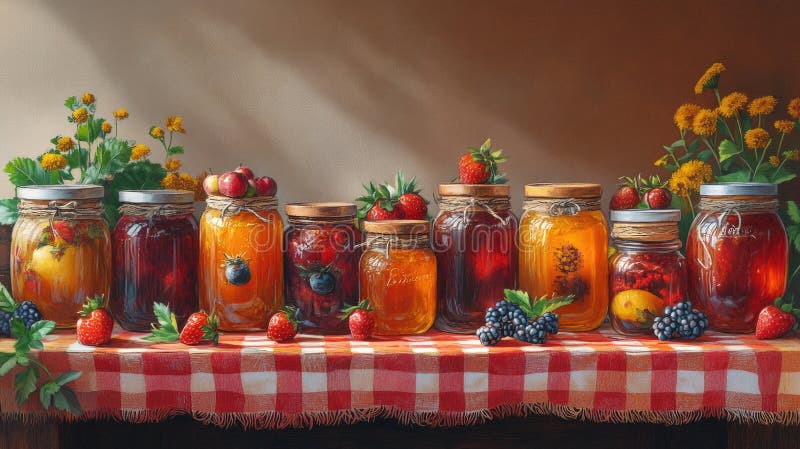 Rustic Jars of Homemade Preserves with Fresh Berries on Checkered Cloth ...