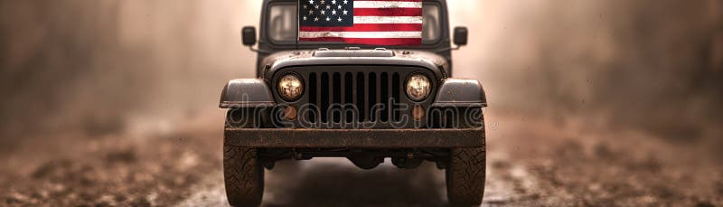 Rustic Jeep with American Flag in Forest Setting Stock Illustration ...