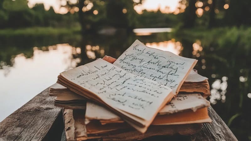 Rustic Journal Open by Lake, Sunset, Nature Writing Stock Image - Image ...
