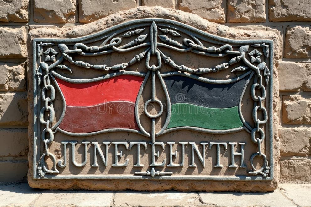 Rustic Juneteenth Stone Plaque with Red and Green Flags on Brick Wall ...