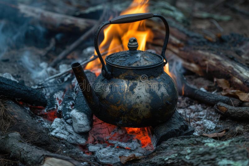 Rustic Kettle Boiling Over Campfire Stock Photo - Image of adventure ...