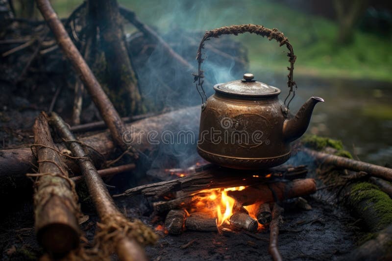Rustic Kettle with Mint Tea Steaming on a Campfire Stock Image - Image ...