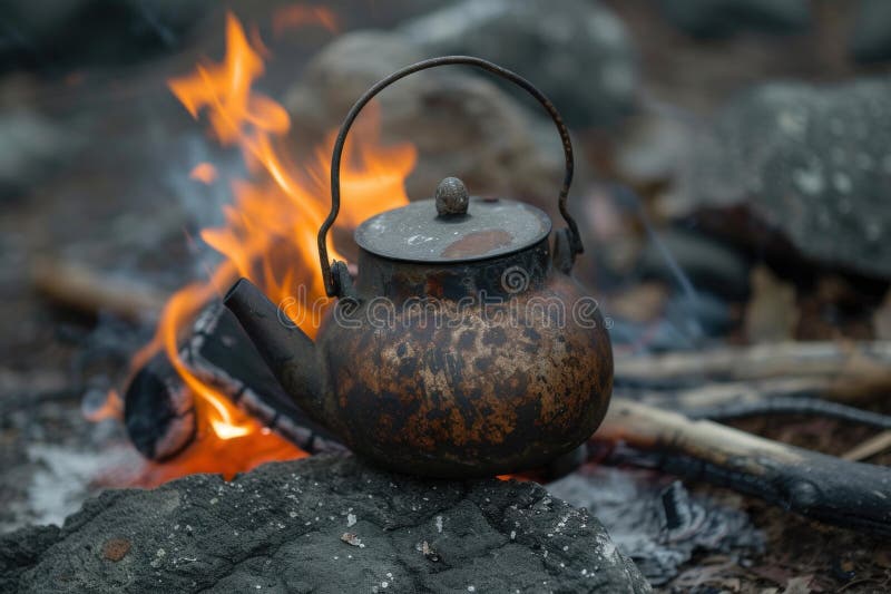 Rustic Kettle Over Open Campfire Stock Photo - Image of warmth, hike ...