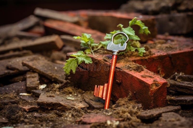 Rustic Key Placed Atop a Pile of Old Red Bricks Stock Photo - Image of ...