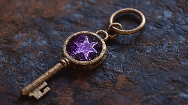 Rustic Key with Starry Purple Gem on Stone Surface, Mystical Concept ...