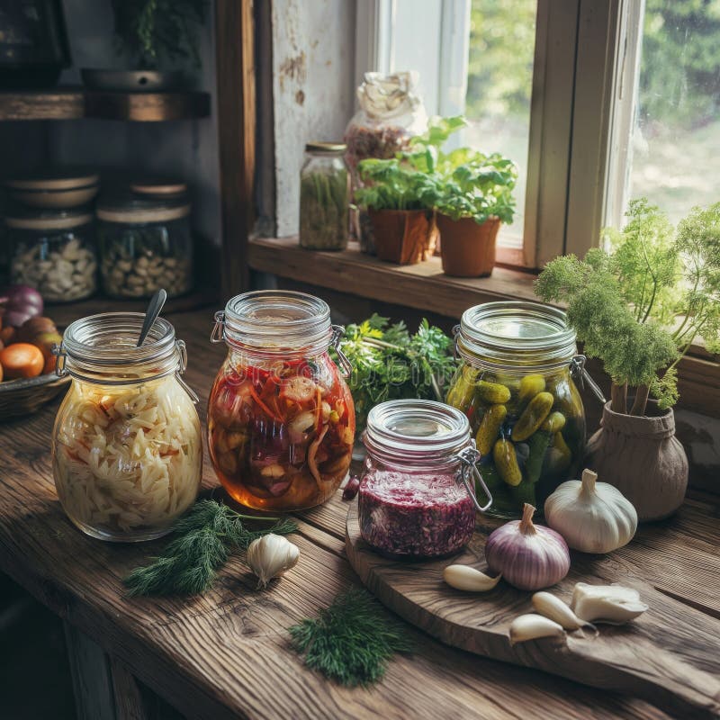 Rustic Kitchen with Assorted Homemade Pickles and Fresh Herbs by Sunlit ...