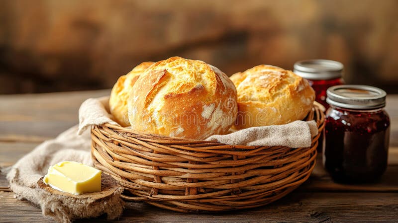 Rustic Kitchen, Baked Bread Basket, Butter, Jam, Breakfast Stock Photo ...