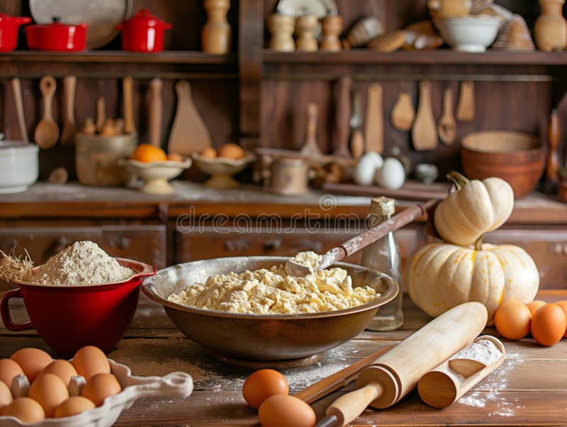 Rustic Kitchen with Baking Ingredients Stock Photo - Image of farmhouse ...