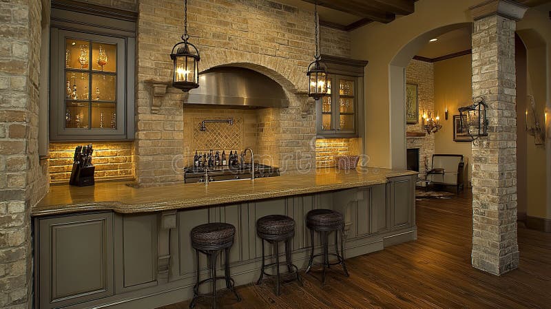 Rustic Kitchen Bar, Stone Wall, Arched Alcove, Home Interior, Design ...