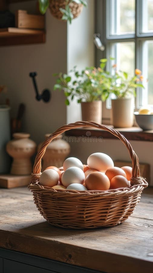 Rustic Kitchen with Basket of Fresh Eggs on Wooden Table Near Window ...