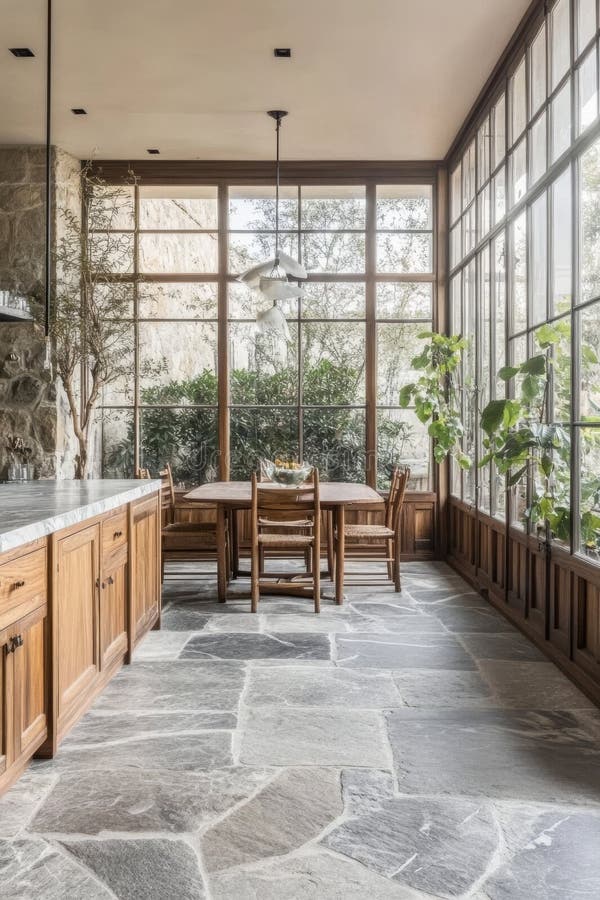 A Rustic Kitchen Bathed in Sunlight, Featuring Long Wooden Tables and a ...