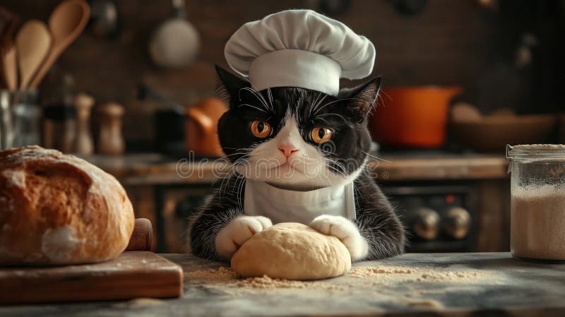 Cat Chef Kneading Dough in a Cozy Kitchen while Preparing Bread Stock ...