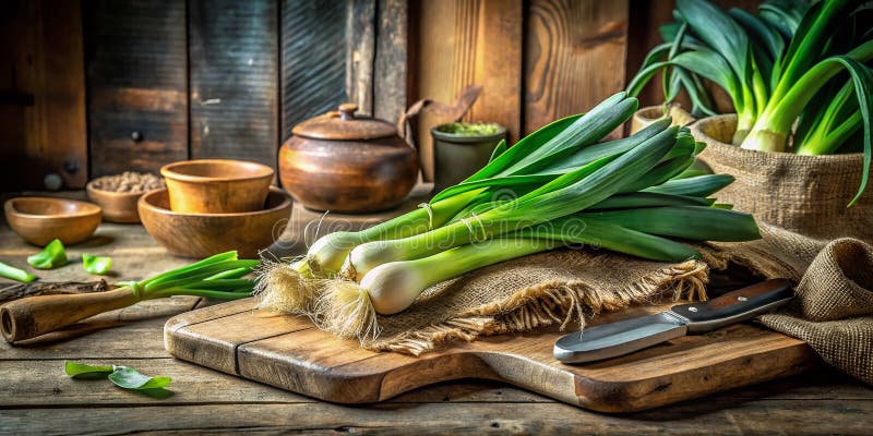 Rustic Kitchen Bounty Vibrant Green Leeks Freshly Harvested and Ready ...