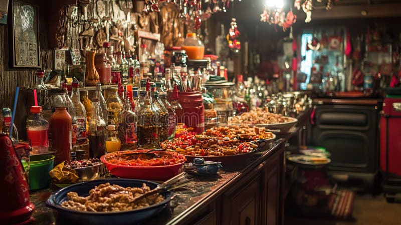 Rustic Kitchen Buffet, Diverse Food, Dimly Lit, Homely Setting, Party ...