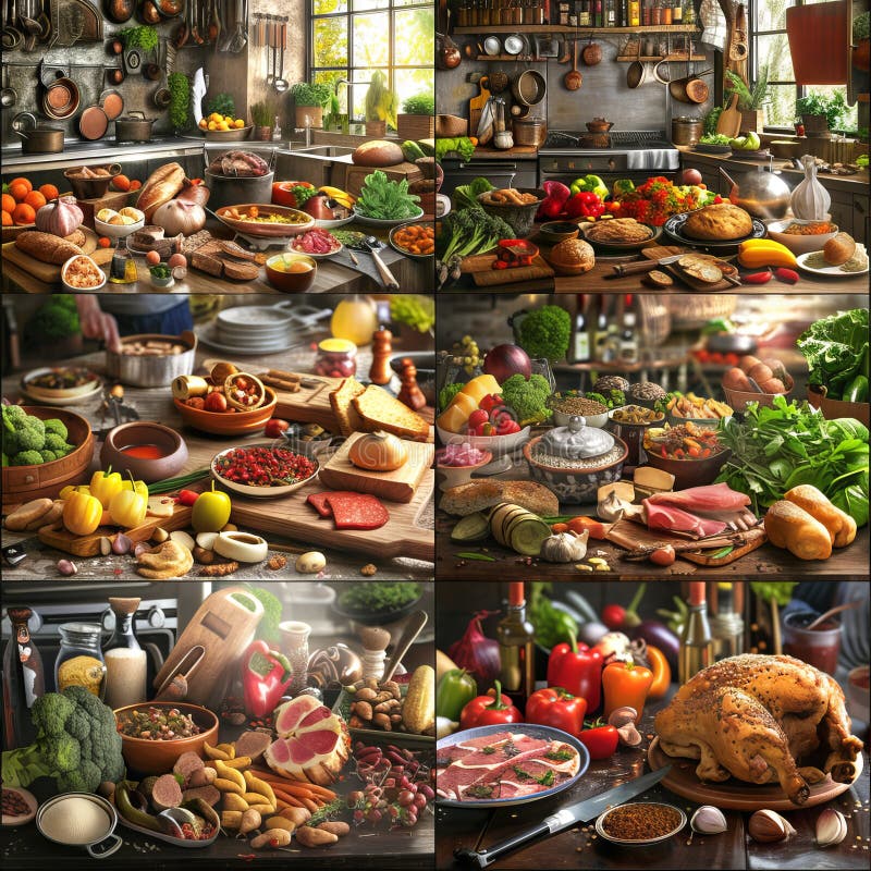 Rustic Kitchen Collage with Fresh Ingredients and Culinary Delights ...