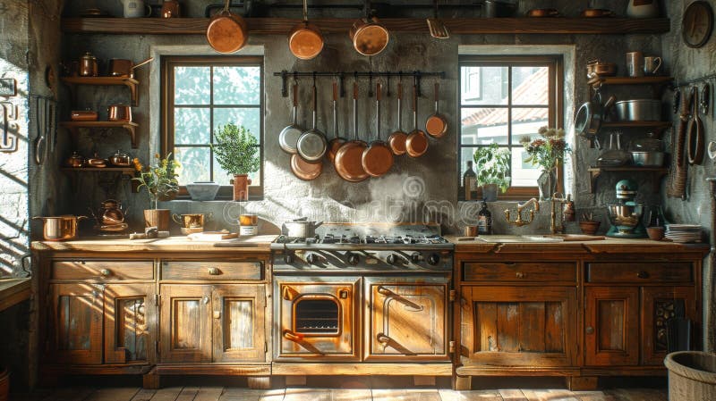 Rustic Kitchen with Copper Utensils - Generative Ai Stock Illustration ...