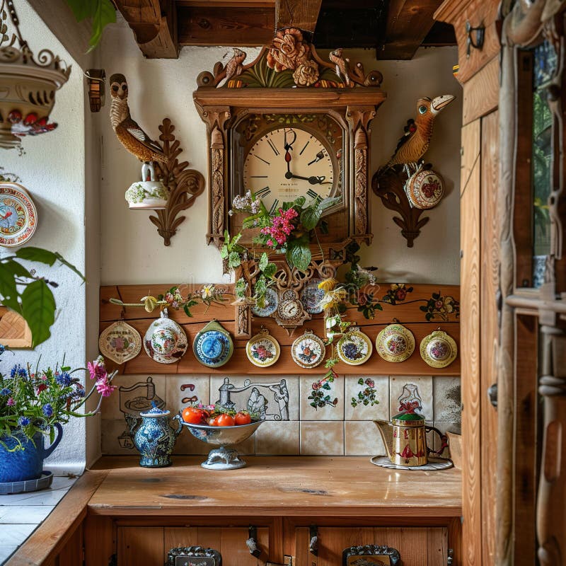 Rustic Kitchen Corner with Antique Clock, Pottery, and Flowers Stock ...