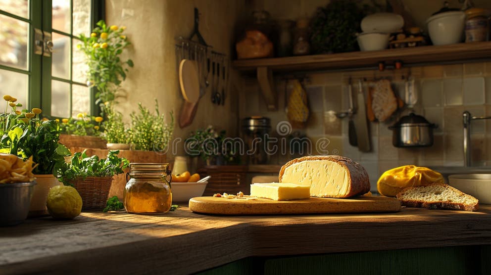 Rustic Kitchen Counter with Bread, Butter, and Sunbeams Stock ...