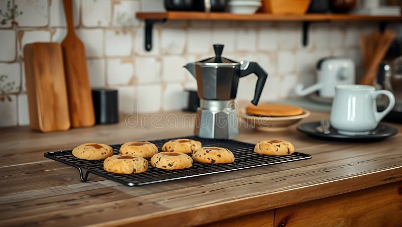 A Rustic Kitchen Counter with Coffee Biscuits Cooling on a Tray and a ...
