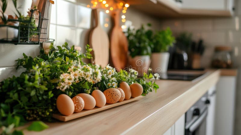 Rustic Kitchen Counter with Fresh Herbs, Eggs, and Spring Flowers in ...