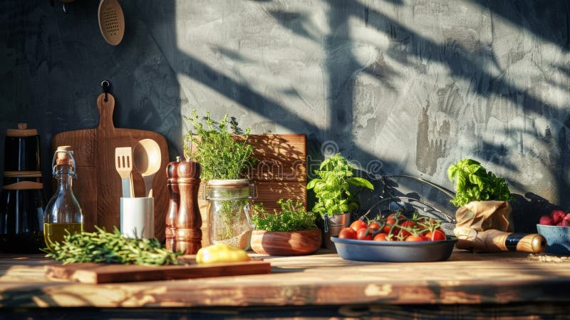 Rustic Kitchen Counter with Fresh Herbs and Vegetables Stock Image ...