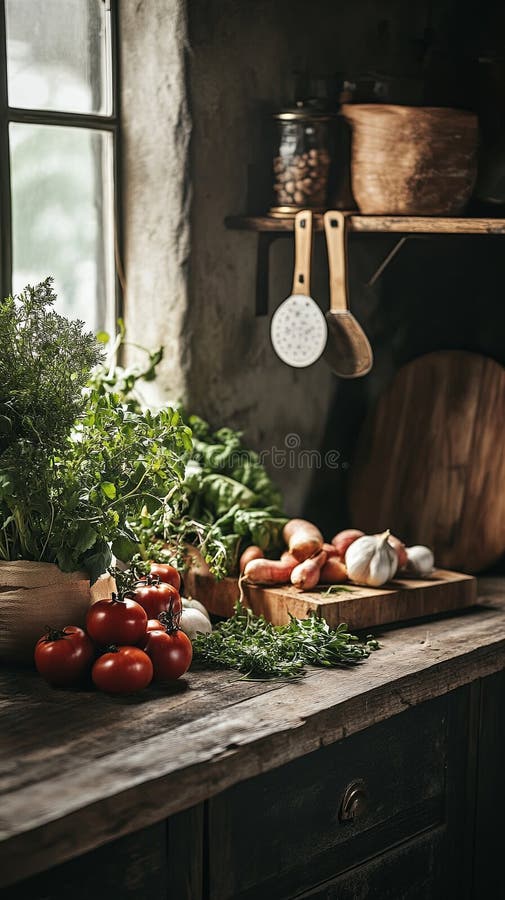 A Rustic Kitchen Counter with a Selection of Fresh, Organic Herbs and ...