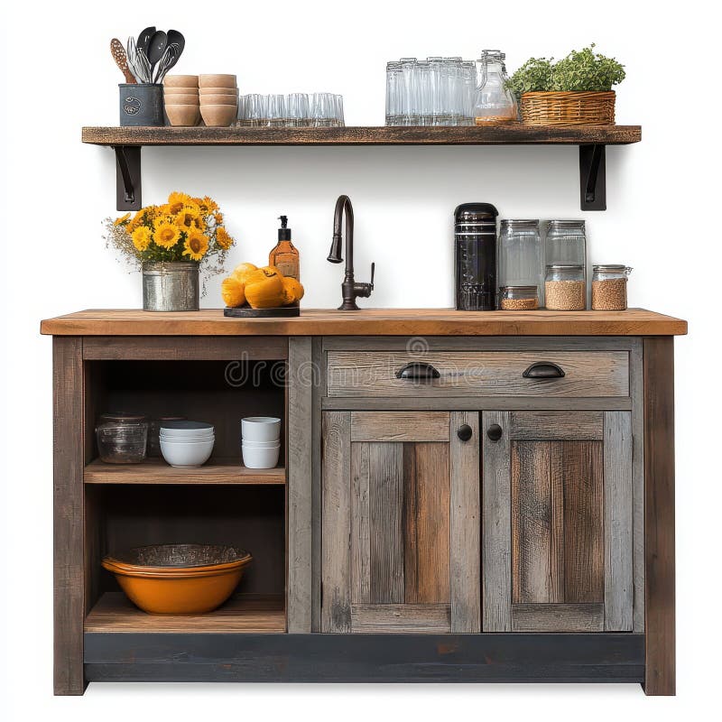 A Rustic Kitchen Counter with Utensils, Glassware, and Decorative ...