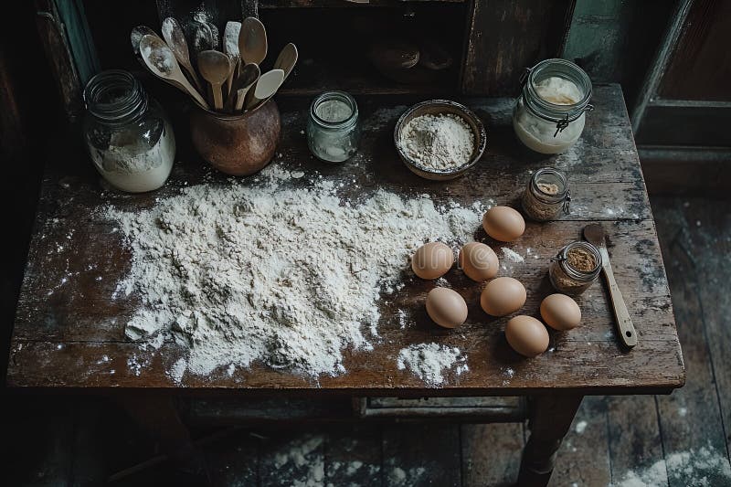 Rustic Kitchen Countertop with Baking Ingredients Including Flour, Eggs ...