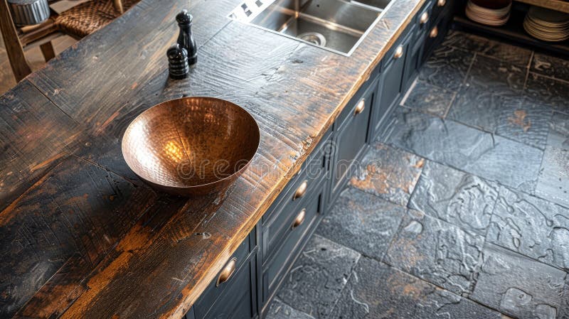 Rustic Kitchen Countertop with Bronze Bowl and Modern Sink. Stock Image ...